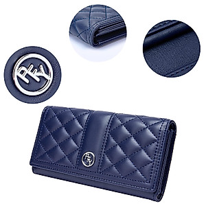 Felomdep Womens Wallet Medium Size Trifold Rfid Blocking Soft PU Leather Large Capacity Long Blue Shopping Wallet For Lady Travel Document Accessories Holder For Passport,Credit Card,Vaccine Card etc