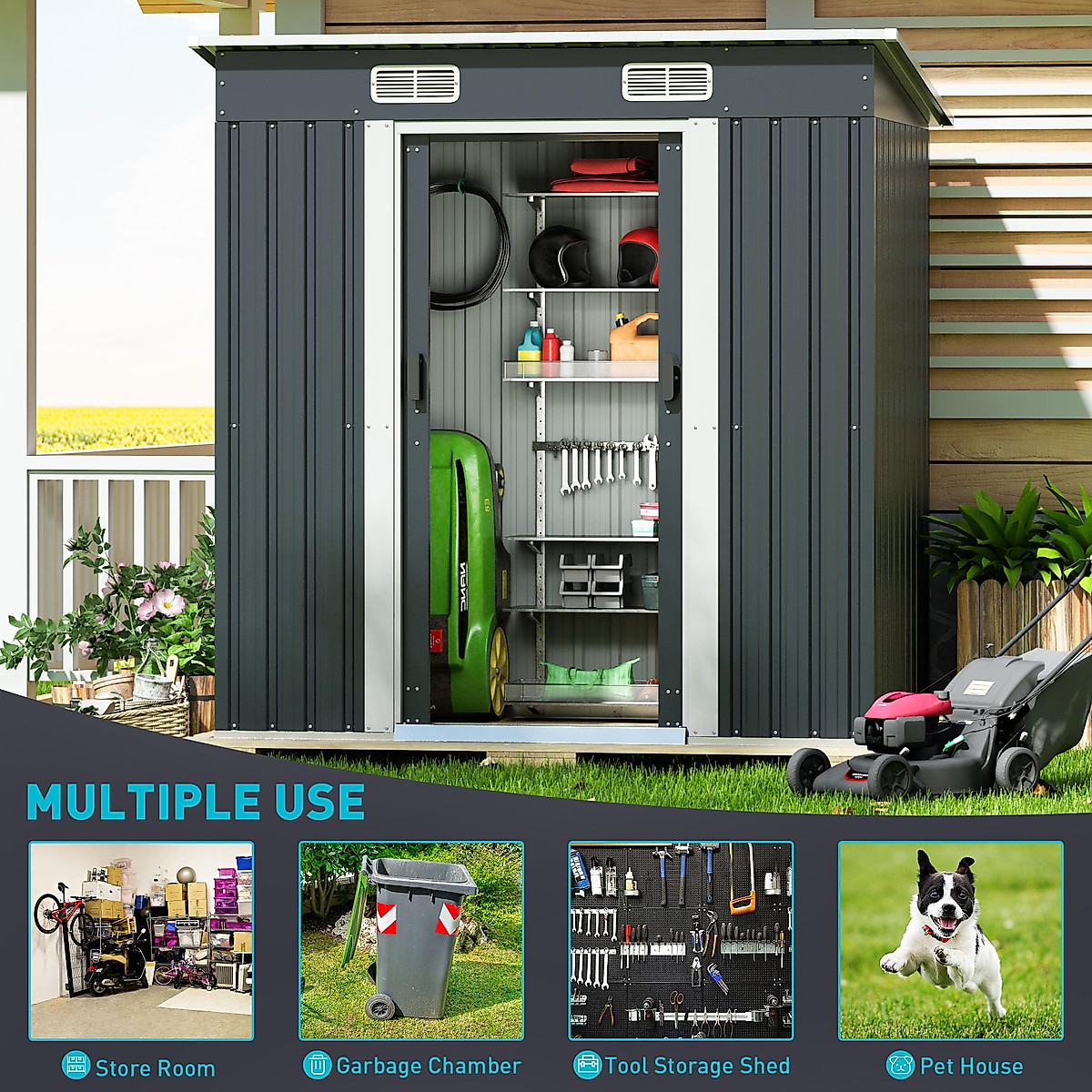 JAXPETY 6'x4' Garden Shed, Large Metal Lockable Outdoor Storage Shed & Outdoor Storage Garden Shed Tool Outdoor Storage Shed with Sliding Doors and Air Vent for Backyard, Patio, LawnGray
