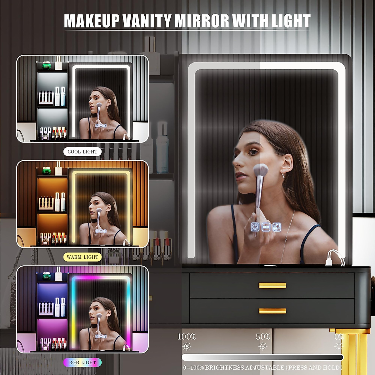 Makeup Vanity Desk with Lights: Vanity Table with Mirror - Dressing Table with Wireless Charging Station & RGB Lights Mobile Vanity with Drawer Glass-Top Design Girls Black Vanity for Bedroom