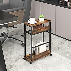 Livofloral Narrow Side Table with Wheels, 3 Tier Small End Tables for Small Spaces, Sofa Table with Magazine Rack, Skinny Nightstand Table with Storage Shelf for Living Room, Bedroom, Brown