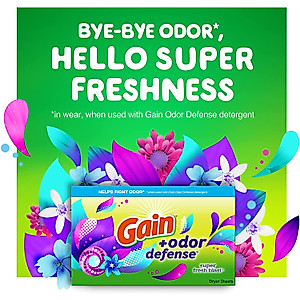 Gain + Odor Defense Dryer Sheets, Super Fresh Blast Scent Fabric Softener Sheets, 240 ct