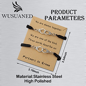 WUSUANED Partners In Crime Friendship Bracelets Handcuff Charms Friendship Symbol Jewelry For 2 Message Crad Gifts For Family Friends (Partner in crime bracelet set)
