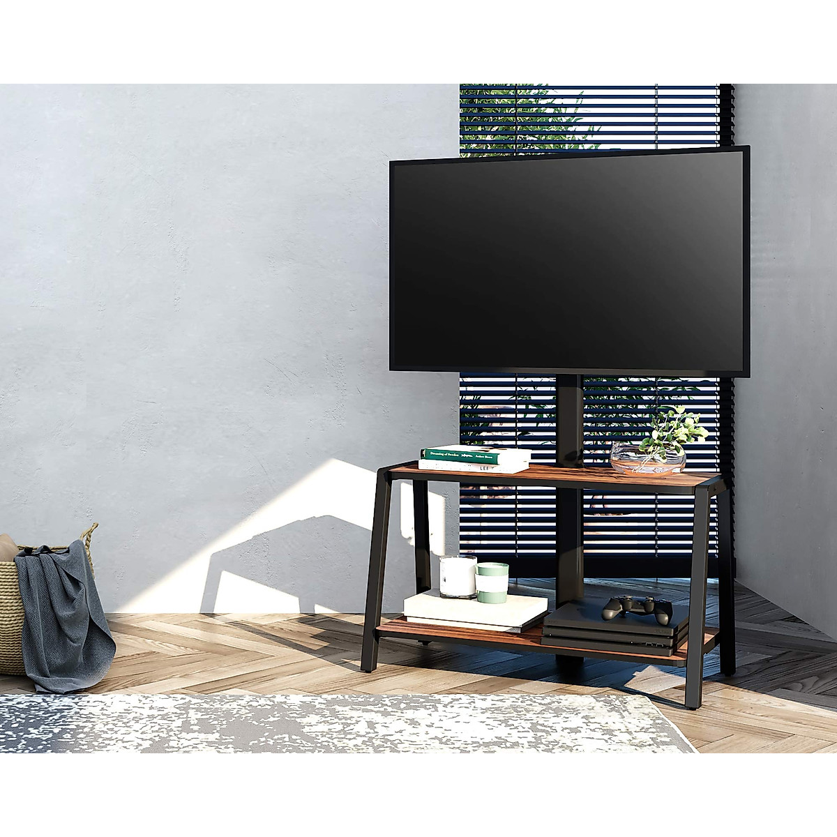 FITUEYES Wood TV Stand with Mount for 32-55 inch TVs, 2 Tier Entertainment Center with Storage for Bedroom & Corner, Tall Wooden TV Mount Stands & Metal Mount - Max Load 77lbs for Flat Screen