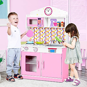 FFlyer Kids Kitchen Playset, Wooden Pretend Cooking Playset w/ Cookware Accessories, Removable Sink, Microwave, Display Shelf, Toddler Pretend Play Kitchen Toy, Best Gift for Girl, Pink