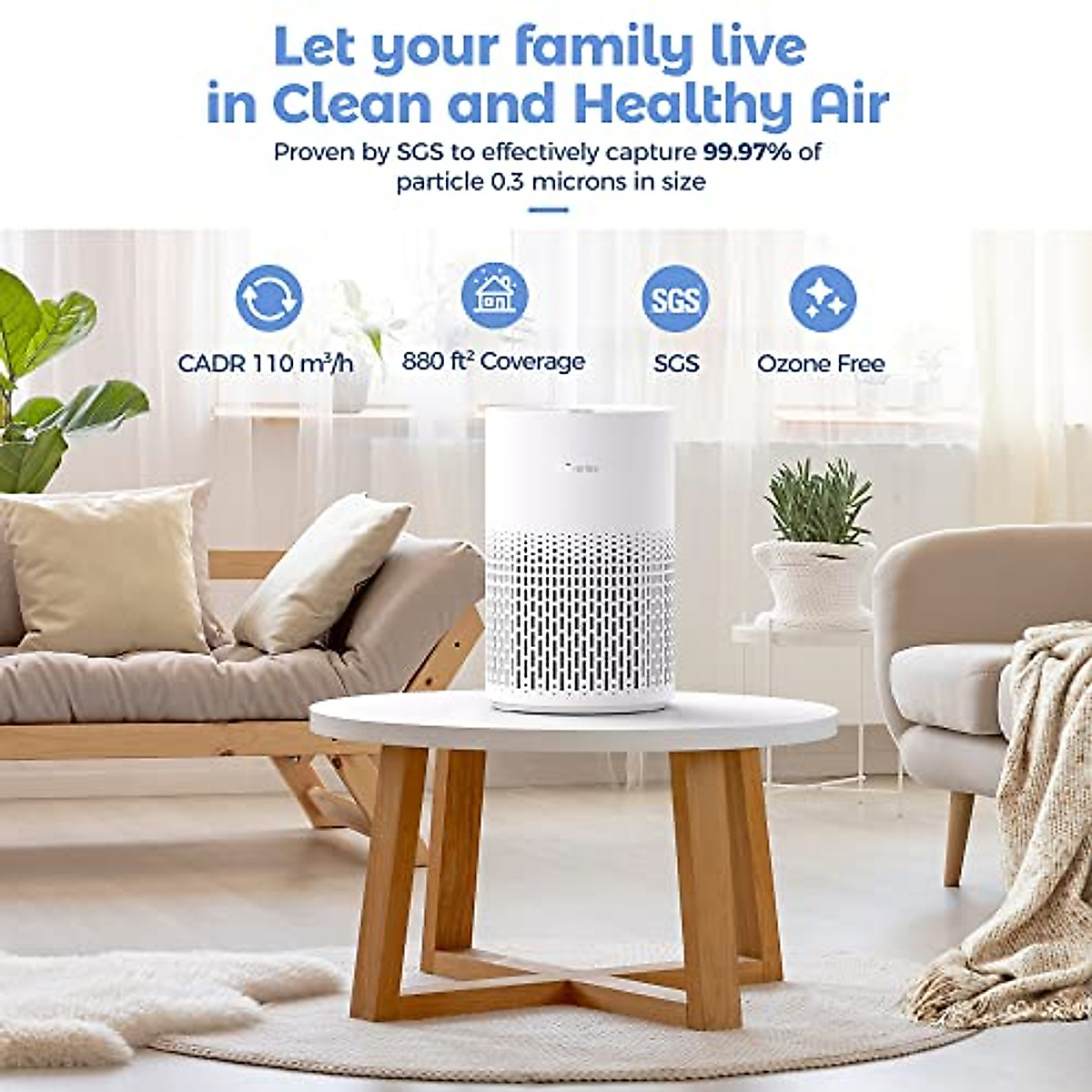 Air Purifiers Plus One More HEPA Filter for A11ergies, Pollen, Smoke, Dusts, Pets Dander, Odor, Hair, Ozone Free, 20db Quiet cleaner for Bedroom, Room, Kitchen and Living Room, SGS Certificaion