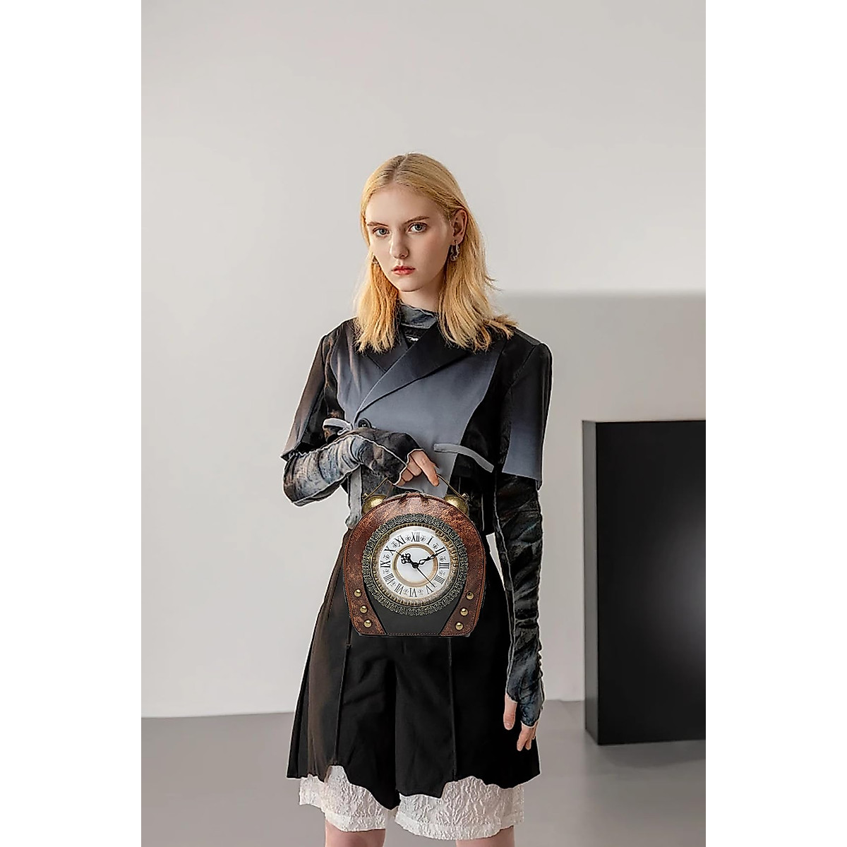 Real Working Clock Handbags Purse Antique Steampunk Shoulder Bag PU Messenger Bag