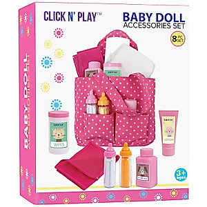 Click N' Play Baby Girl Doll Diaper Bag, Pink Soft Carrying Bag Including Cleaning, Caring, & Feeding Accessories - Baby Doll Bottles, Towel, Powder, Lotion, Wipes