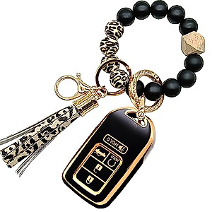 FONNUY for Honda Key Fob Cover,Black Leopard Beaded Key Holder Fits for Honda Accord Civic Cr-V Hr-V Fit Odyssey Jed Crosstour Crider Smart Key Accessaries Set