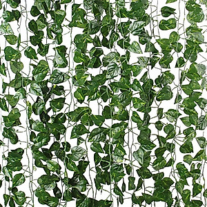 ZWYOQI 84 feet Artificial Vines Greenery Garland Fake Hanging Leaves Faux Foliage Plants for Wedding Party Garden Home Kitchen Office Wall Decorations (Scindapsus/12 Strands)