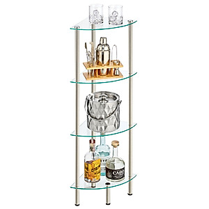 mDesign Modern Glass Corner 4-Tier Storage Organizer Tower Cabinet with Open Shelves - Display Furniture for Bathroom, Office, Bedroom, Living Room - Holds Books, Plants, Candles - Satin/Clear