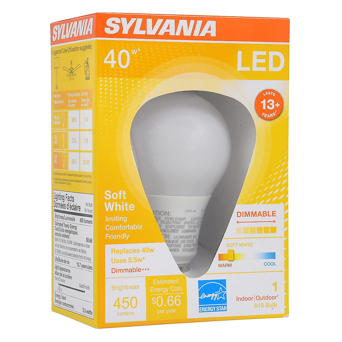 SYLVANIA A19 LED Light Bulb, 5.5W, 40W Equivalent, 13 Year, Dimmable, 450 Lumens. 2700K, Soft White - 1 Pack (74688)