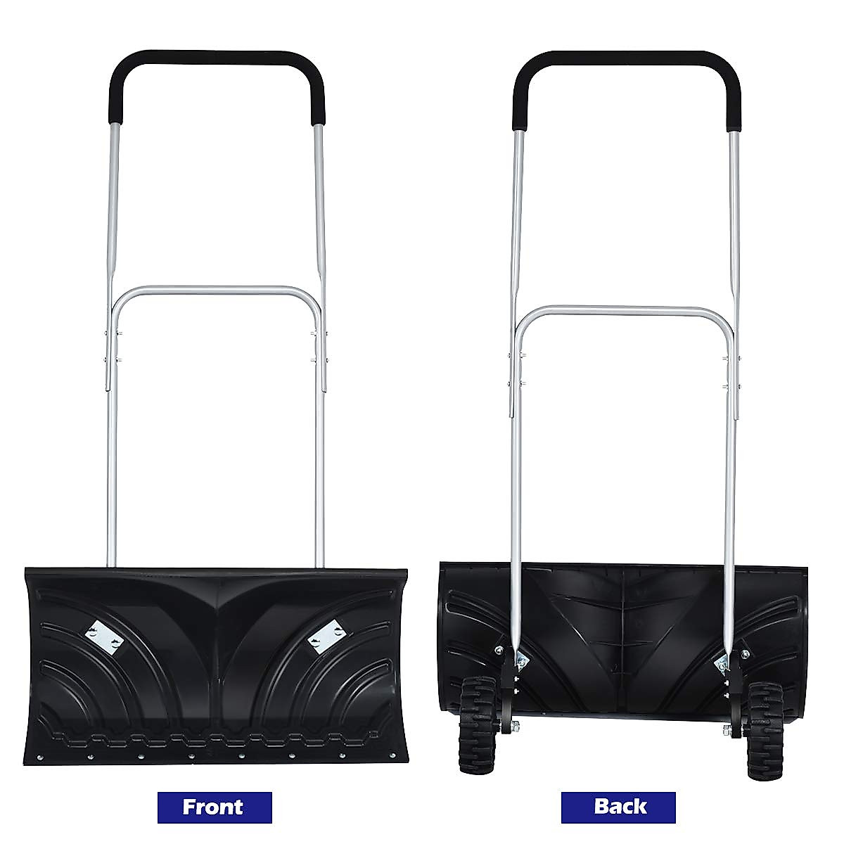 Goplus Rolling Snow Pusher Shovel, Handle Adjustable Snow Removal Tool, Manual Push Plow with 6-Inch Wheels for Driveway Pavement Stoop (Black)