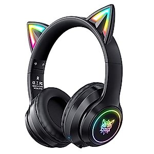 SIMGAL Bluetooth Cat Ear Headphones for Kids, Wireless & Wired Mode Foldable Headset with Mic, RGB LED Light, for Girls School Gaming, Compatible with Mobile Phones PC Tablet