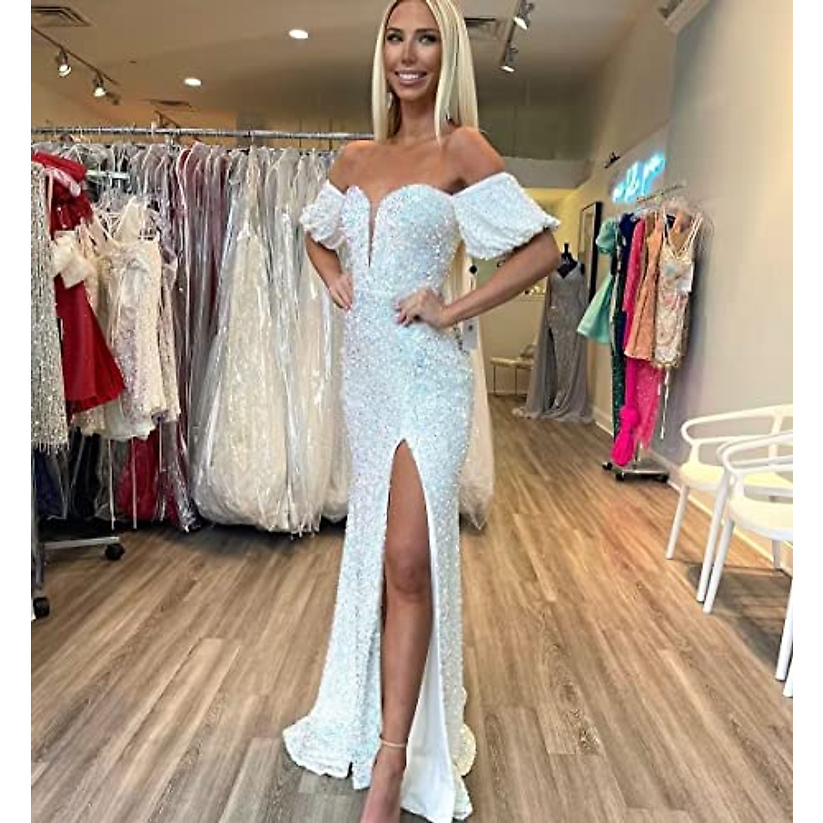 White Slive Sequin Off Shoulder Sparkly Prom Dresses Long for Women with Puffy Sleeves Backless Mermaid Formal Evening Gowns with High Slit Fitted Size US 04