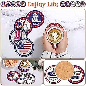 Billbotk 10 Pieces Independence Day Diamond Painting Coasters, Diamond Art Coasters with Holder, DIY Diamond Art Crafts Projects, Diamond Dots Kits for Adults and Beginners