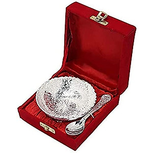 Aluminium -Silver Plated Small Bowl Set with Spoon Size - 3.5 Inch Diameter Bowl , capacity -100 ml /3.38 OZ -30 Grams bowl weight