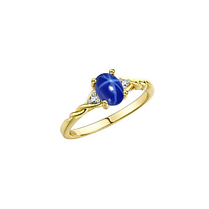 Rylos Diamond & Blue Star Sapphire Ring Set In Yellow Gold Plated Silver Solitaire