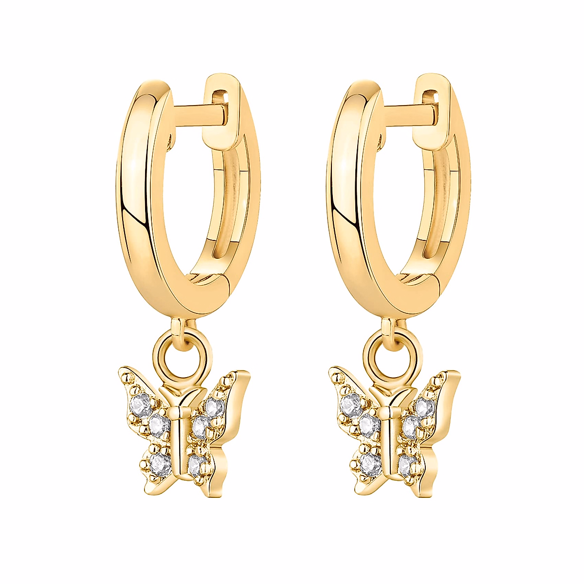 PAVOI 14K Yellow Gold Plated 925 Sterling Silver Post Huggie With Dangle | Small Gold Trendy Hinged Hoop Earrings For Women | CZ Huggie Earrings (Butterfly)