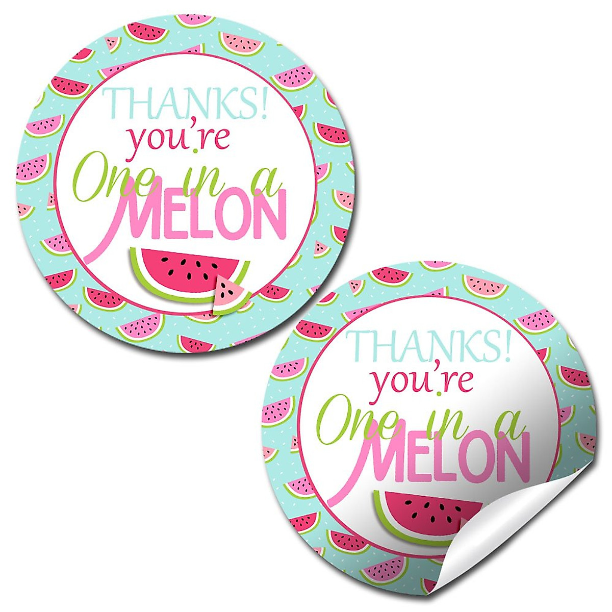 One in A Melon Thank You Sticker Labels, 40 2" Party Circle Stickers by AmandaCreation, Great for Party Favors, Envelope Seals & Goodie Bags