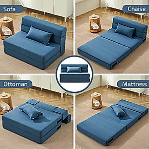 SUYOLS Folding Sofa Bed with Pillow - Convertible Chair Floor Couch & Sleeping Mattress - Foldable Memory Foam Sleeper for Living Room/Dorm/Guest Room/Home Office/Apartment/Upstairs Loft, Light Blue