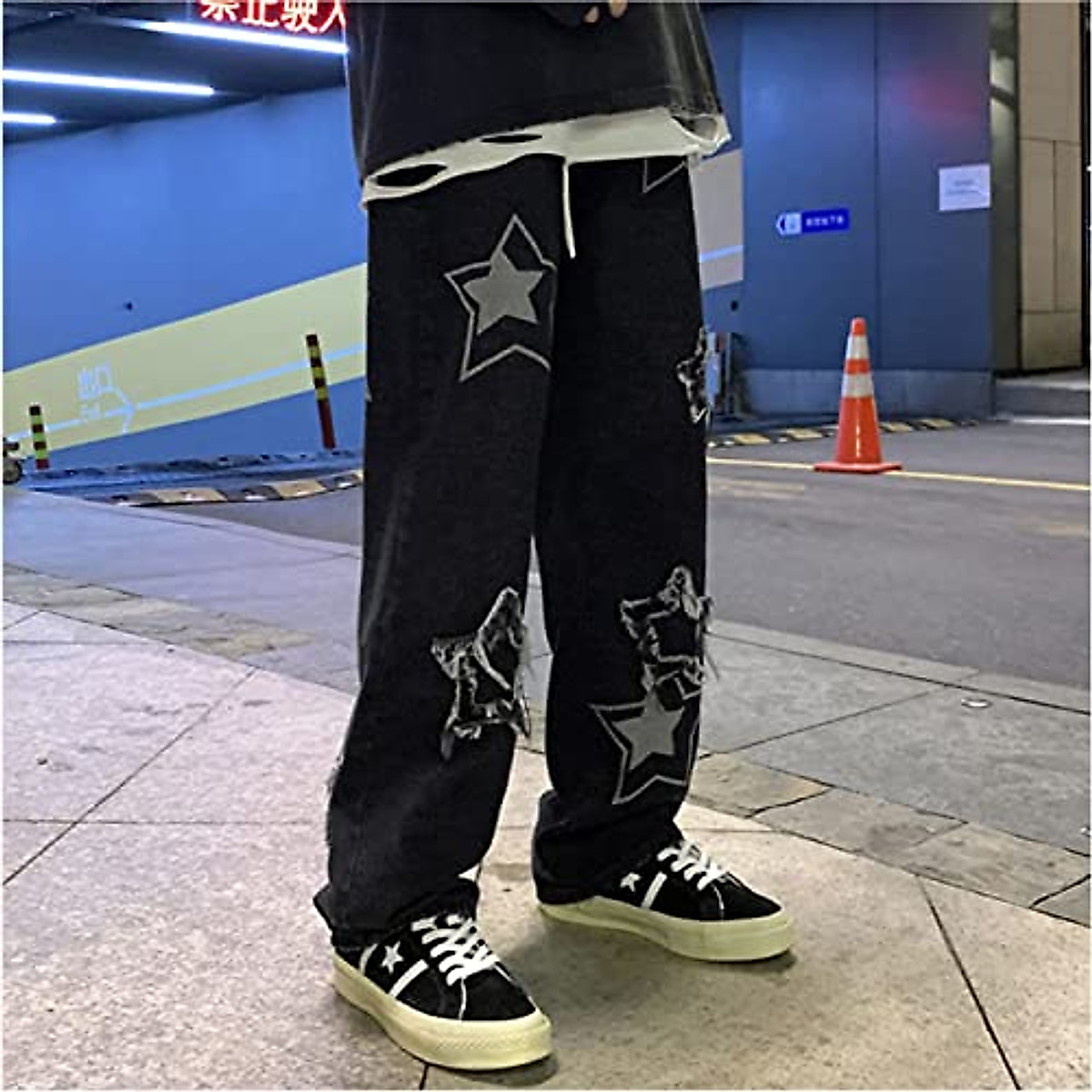 Y2K Baggy Jeans Mens Straight Wide Leg Vintage Denim Pants Black Hip Hop Patchwork Trousers