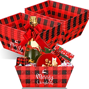 Tenceur 24 Pcs Christmas Baskets for Gifts 10 x 8 Inch Empty Basket with Handle Christmas Baskets for Gifts Wine Gift Basket Empty Red Sturdy DIY Bulk Gift Basket Kraft Market Tray Basket with Handles