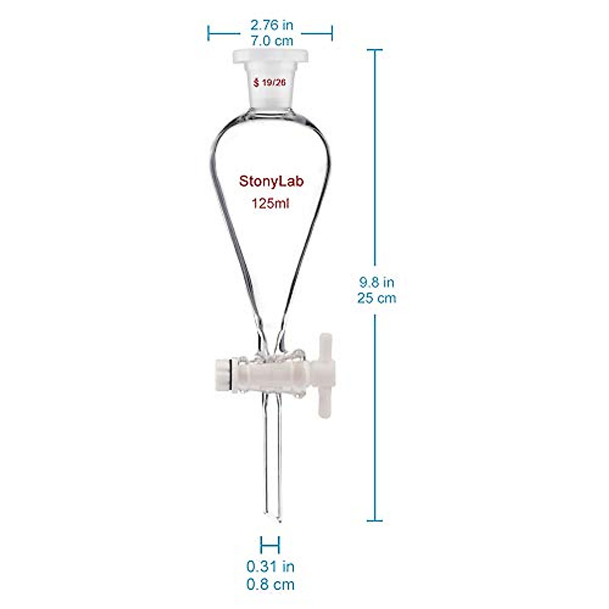 stonylab Borosilicate Glass 125 ml Heavy Wall Conical Separatory Funnel with 19/26 Joints and PTFE Stopcock, 125 ml