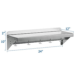 Garvee 12"x24" Stainless Steel Shelf,Multifunctional Metal Wall Mounted Shelf with 2 Stainless Steel Backsplashs and 5 Hooks
