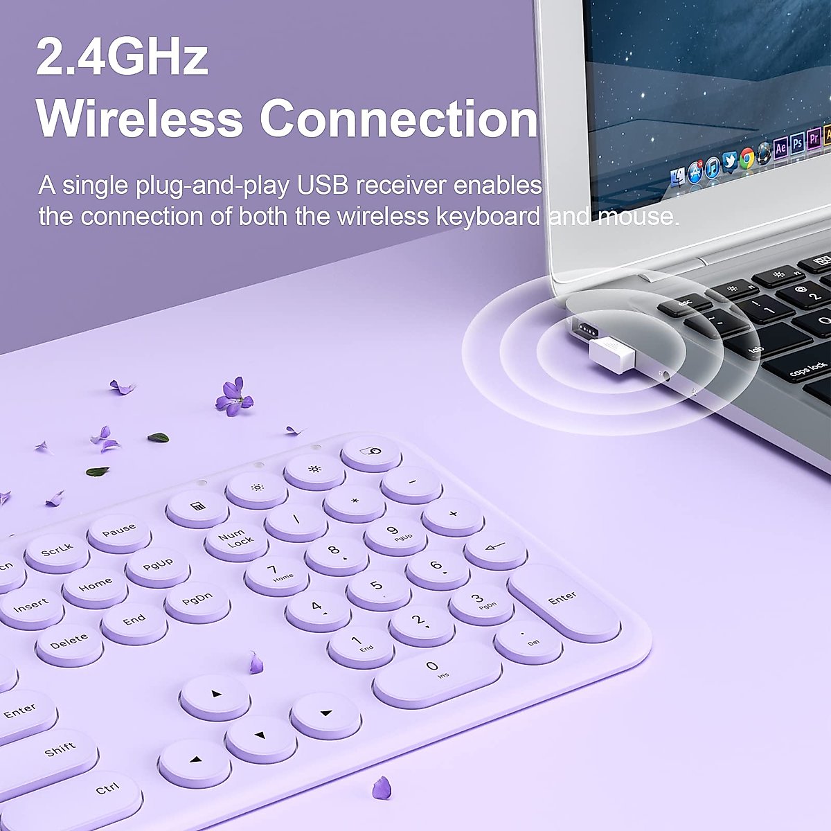 Wireless Keyboard and Mouse, XTREMTEC 2.4G Full Size Wireless Keyboard Mouse Combo - Ultra Slim Silent Cute Computer Keyboard with USB Receiver for Windows, OS, PC, Desktop, Mac, Tablet (Purple)