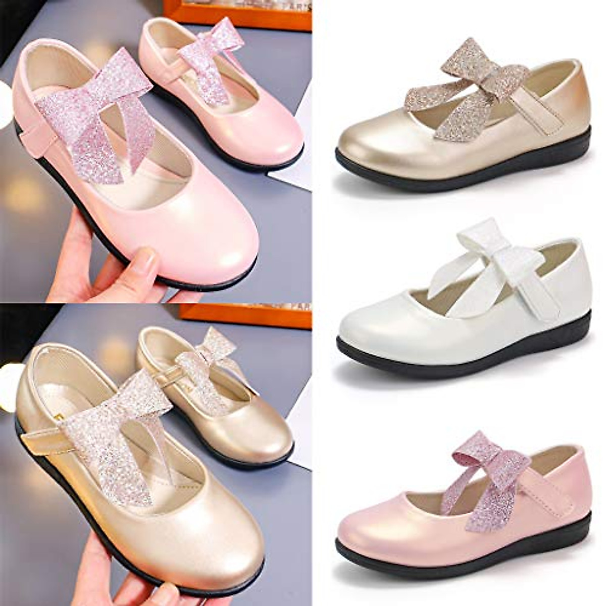Diufon 2019 Spring and Autumn New Single Shoes Children Shoes Princess Shoes Soft Bottom Bow Peas Shoes Little Girls Flat Shoes Sandals (5-5.5 US M Little Kids, Gold)