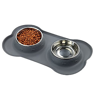 Dog Bowls, Cat Food and Water Bowls Stainless Steel, Double Pet Feeder Bowls with No Spill Non-Skid Silicone Mat, Dog Dish for Small Dogs Cats Puppies, Set of 2 Bowls (S-6oz, Grey)