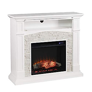 SEI Furniture Seneca Faux Stacked Stone Electric Fireplace with Hidden Media Shelf, New Crisp White