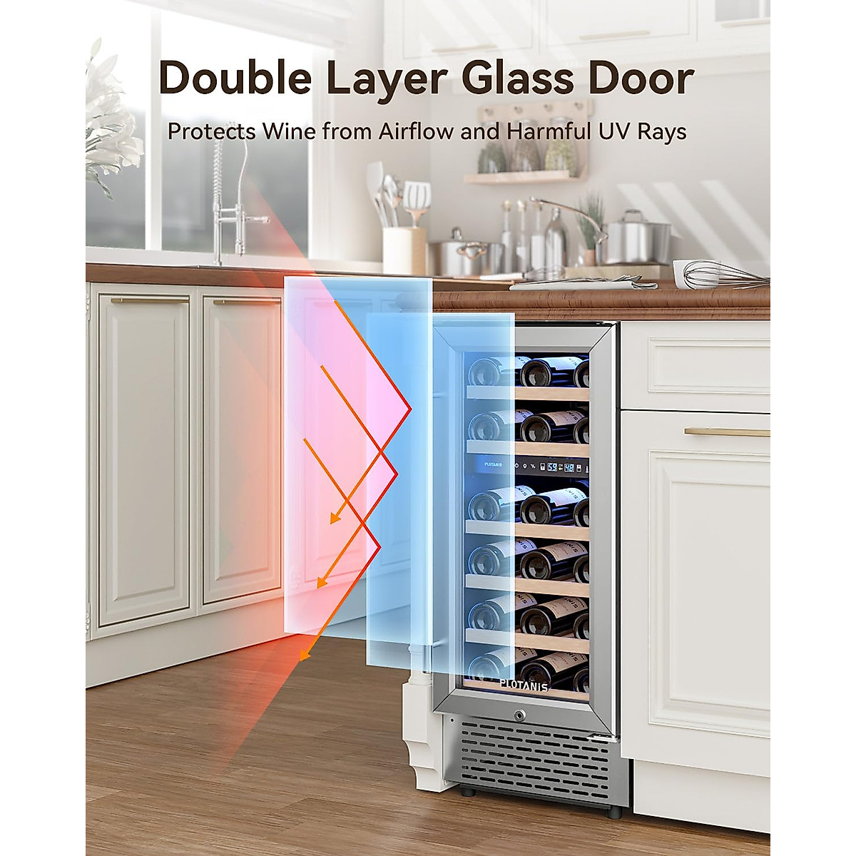 Plotanis 15 Inch Wine Fridge Dual Zone 28 Bottles Under Counter Wine Cooler Refrigerator Built-in or Freestanding with Glass Door Safety Lock