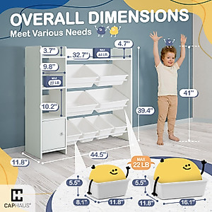 Fencer Wire Toy Organizer Bookcase with 8 White Plastic Bins, Perfect Storage Solution, for Toddler, Storage Cabinet, Playroom Organization and Storage, Toy Organizers and Storage Bins, White