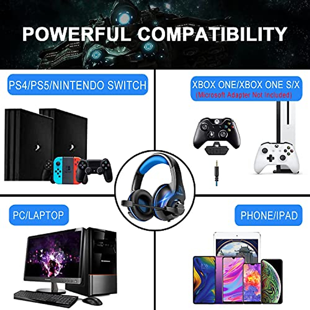 YINSAN Gaming Headset for Nintendo Switch,Wired Headset with Microphone for PS4 Xbox One PC PS5,Bass Surround,LED Light,Volume Control & Noise-Isolation(1.5M USB Extension Cable Included)