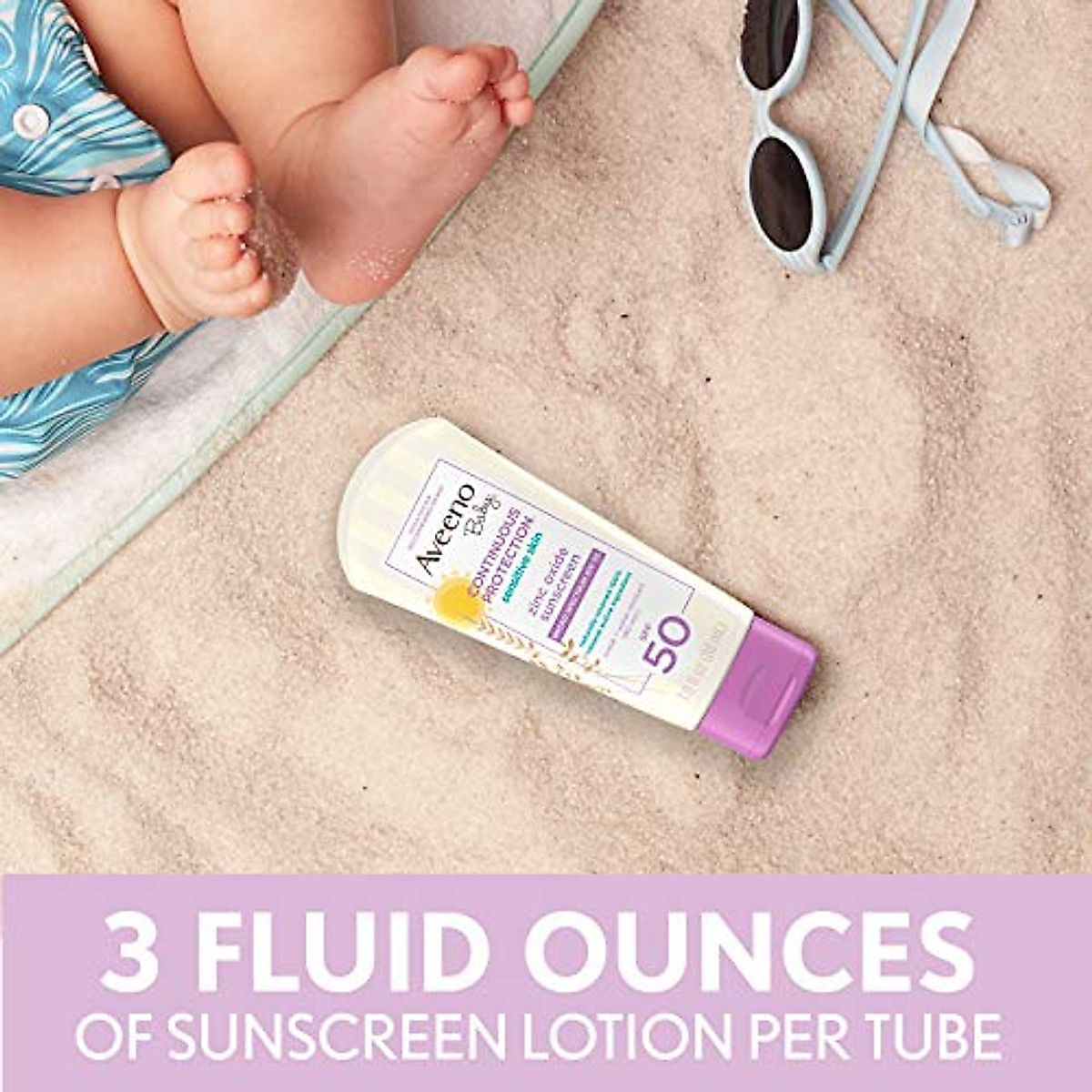 Aveeno Baby Continuous Protection Zinc Oxide Mineral Sunscreen Lotion for Sensitive Skin, Broad Spectrum SPF 50, Paraben- & Tear-Free, Sweat- & Water-Resistant, Travel-Size, 2 x 3 fl. oz
