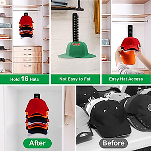 NAZZO Hat Rack for Baseball Caps, Hat Holder Organizer Display for Wall, Door, Closet, Bedroom, 1Pack Holds Up To 16 Hats, Adhesive or Drilling Double Use Cap Storage Hook, Black
