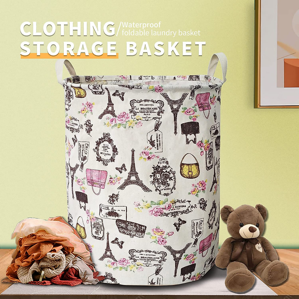 Aouker Merdes 19.7’’ Waterproof Foldable Laundry Hamper, Dirty Clothes Laundry Basket, Linen Bin Storage Organizer for Toy Collection(Paris)