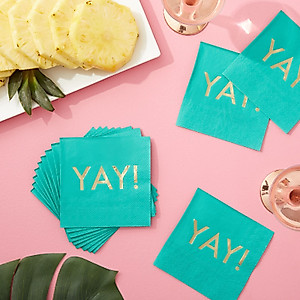 BLUE PANDA 50 Pack Teal Paper Napkins with Gold Foil YAY for Party Supplies (3-Ply, 5 x 5 Inches)