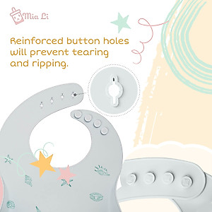 Mia Li Silicone Bibs – 3pcs Waterproof Silicone Bib Set – Silicone Baby Bibs for Girls and Boys - Baby Bib Pocket with Adjustable Closure – Non-Messy Toddler Bib (Seashells - Cloud, Sage & Stone)