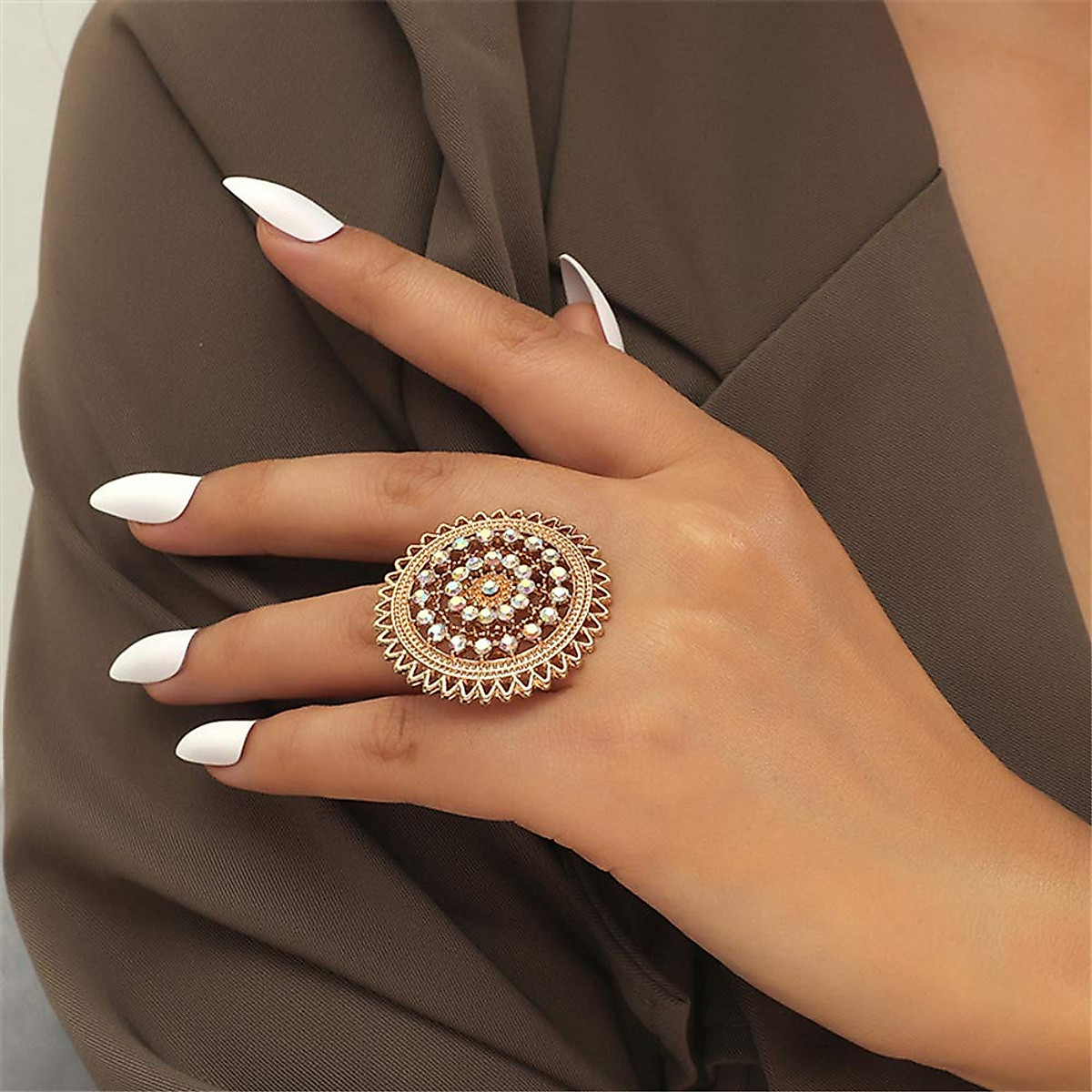 Dtja Vintage Big Round Statement Ring for Women Girls Boho Antique Mosaic Crystal CZ Expandable Open Wrap Finger Rings Adjustable Comfort Fit Indian Bollywood Style Exaggerated Jewelry (Lacy)