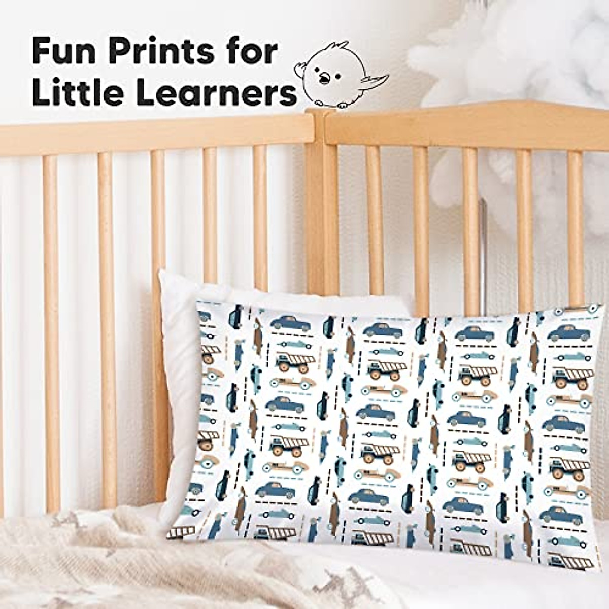 KeaBabies Toddler Pillowcase for 13X18 Pillow - Organic Toddler Pillow Case for Boy, Kids - 100% Natural Cotton Pillowcase for Miniature Sleepy Pillows - Pillow Sold Separately (Vroom)