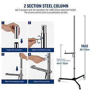 NEEWER 88"/224cm Light Stand Stainless Steel Heavy Duty with Pistol Grip, Sliding Arm, Detachable Caster, Folding Leg, 1/4" 5/8" Spigot, Photography Flash/Ring Light Stand, Max Load 22lb/10kg, ST003