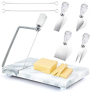Marble Cheese Slicer 5 x 8 Inch Cheese Cutter and 4 Pcs Cheese Knife with Handle Cheese Heavy Cutter Set for Kitchen Charcuterie Cutting Cheeses, Butter, Meats, Other Appetizers, White