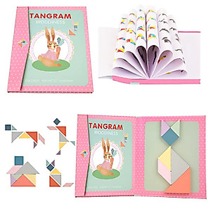 XIZIGOIT Wooden Magnetic Tangram Toys Kids Jigsaw Puzzles Creative Travel Toy Gifts for Girls Boys 3 4 5 6 7 8 9 10 Years Old Toddler Children 96 Patterns Portable Book Design(Pink)