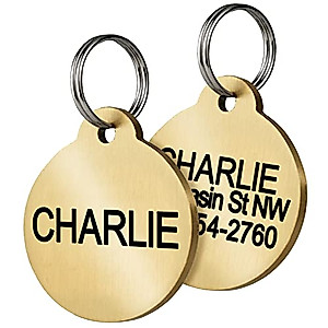 GoTags Personalized Pet ID Tags, Solid Brass Dog Tags and Cat Tags, up to 6 Lines of Custom Text, Engraved on Both Sides, Bone, Round, and Heart Shapes