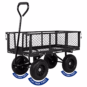 BILT HARD 400 lbs 10" Flat Free Tires Steel Garden Cart with 180° Rotating Handle and Removable Sides, 4 Cu.Ft Capacity Utility Heavy Duty Garden Carts and Wagons