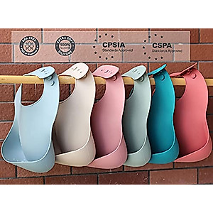 Ginbear Silicone Bibs for Babies, Waterproof Baby Feeding Bibs with Food Catcher Pocket, Adjustable Silicon Bibs for Toddlers (Dark Sage/Almond)