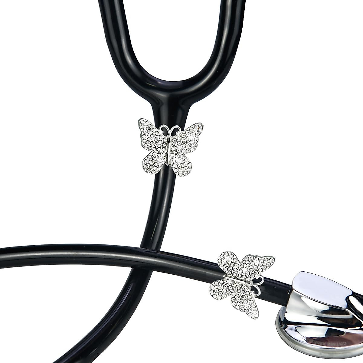 HEYGOO 2 Pack Bling Butterfly Stethoscope Charms for Doctor Nurse, Stethoscope Id Name Tag with Bling Silvery Rhinestones