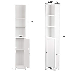 Bonnlo Narrow Cabinet, 67" Tall Slim Bathroom Storage Cabinet 12" Wide White Skinny Linen Cabinet with 3 Open Shelves Single Door Adjustable Shelf Space Saving Corner Pantry